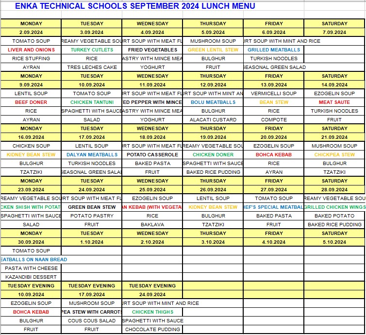 September menü | KOCAELİ ENKA Schools